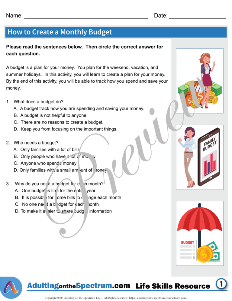Money Management Life Skills Activity - How to Create a Monthly Budget ...