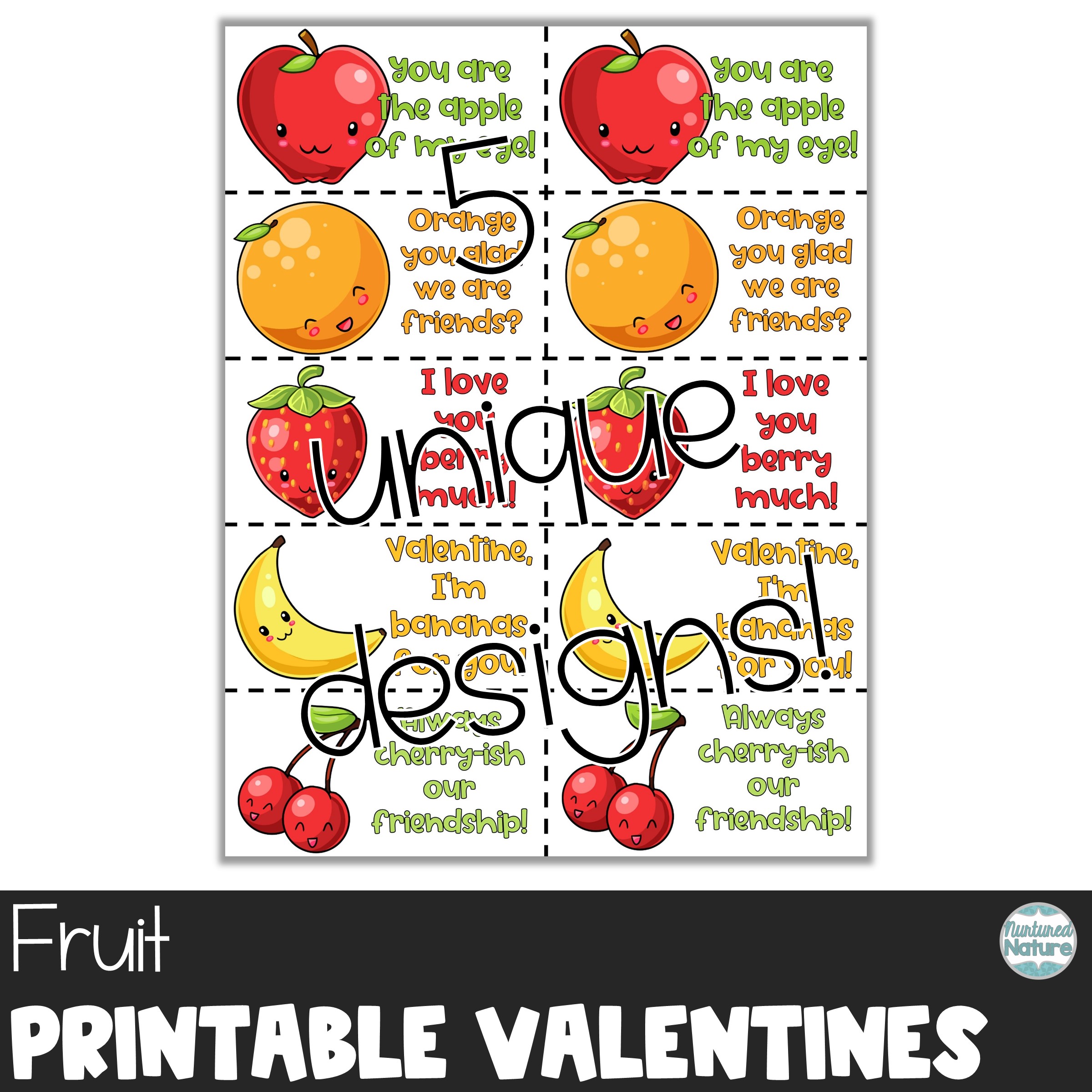 Fruit Printable Valentine’s Day Cards for Students - orange, strawberry ...