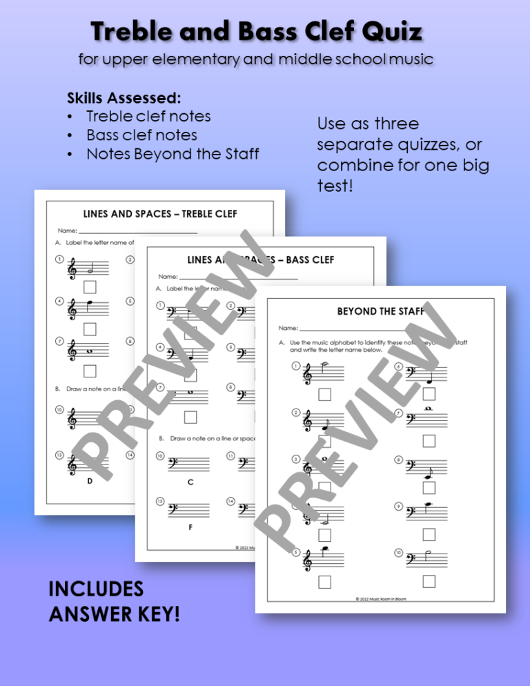 TREBLE AND BASS CLEF QUIZZES for Middle School General Music | Made By ...