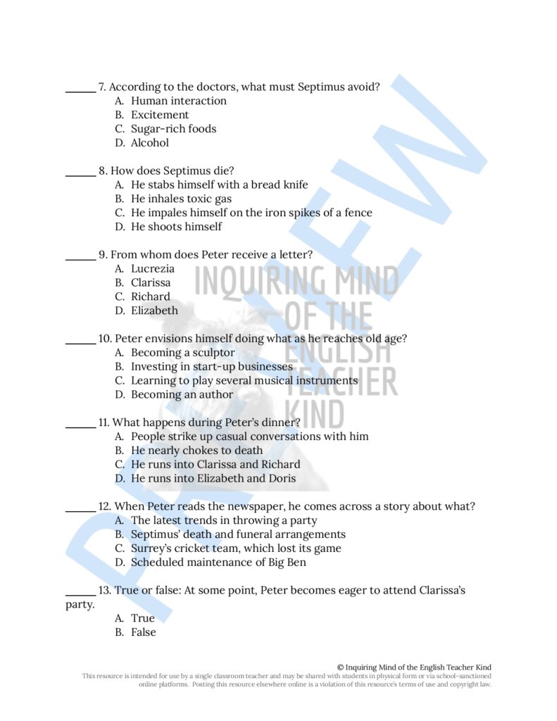 Mrs. Dalloway by Virginia Woolf Quiz and Answer Key (Part 9) | Made By ...