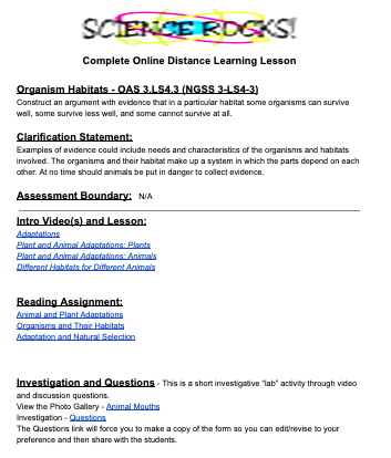 Complete Online Distance Learning Organism Habitats 3.LS4.3, 3-LS4-3 ...