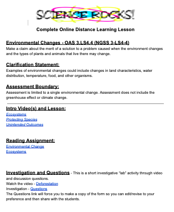 Complete Online Distance Learning Environmental Changes 3.LS4.4, 3-LS4 ...