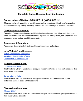 Complete Online Distance Learning Conservation of Matter 5.PS1.2, 5-PS1 ...