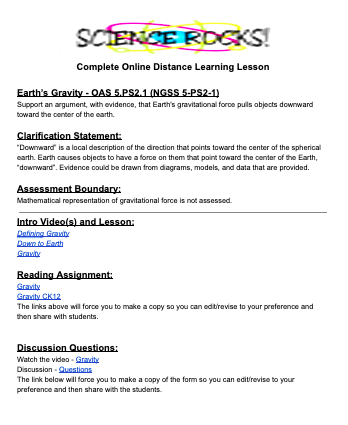 Complete Online Distance Learning Earth's Gravity 5.PS2.1, 5-PS2-1 ...