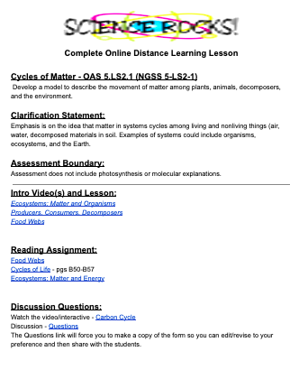 Complete Online Distance Learning Cycles of Matter 5.LS2.1, 5-LS2-1 ...