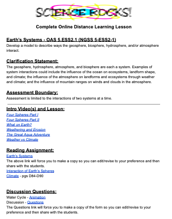 Complete Online Distance Learning Earth's Systems 5.ESS2.1, 5-ESS2-1 ...