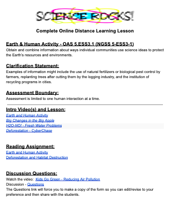 Complete Online Distance Learning Earth & Human Activity 5.ESS3.1, 5 ...