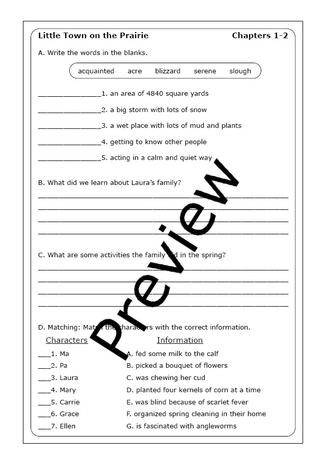 Laura Ingalls Wilder "Little Town on the Prairie" worksheets | Made By ...