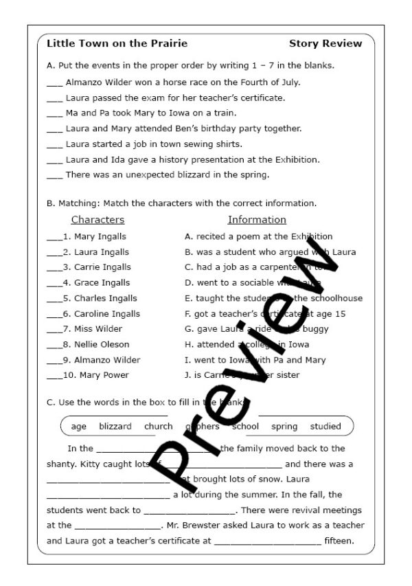 Laura Ingalls Wilder "Little Town on the Prairie" worksheets | Made By ...