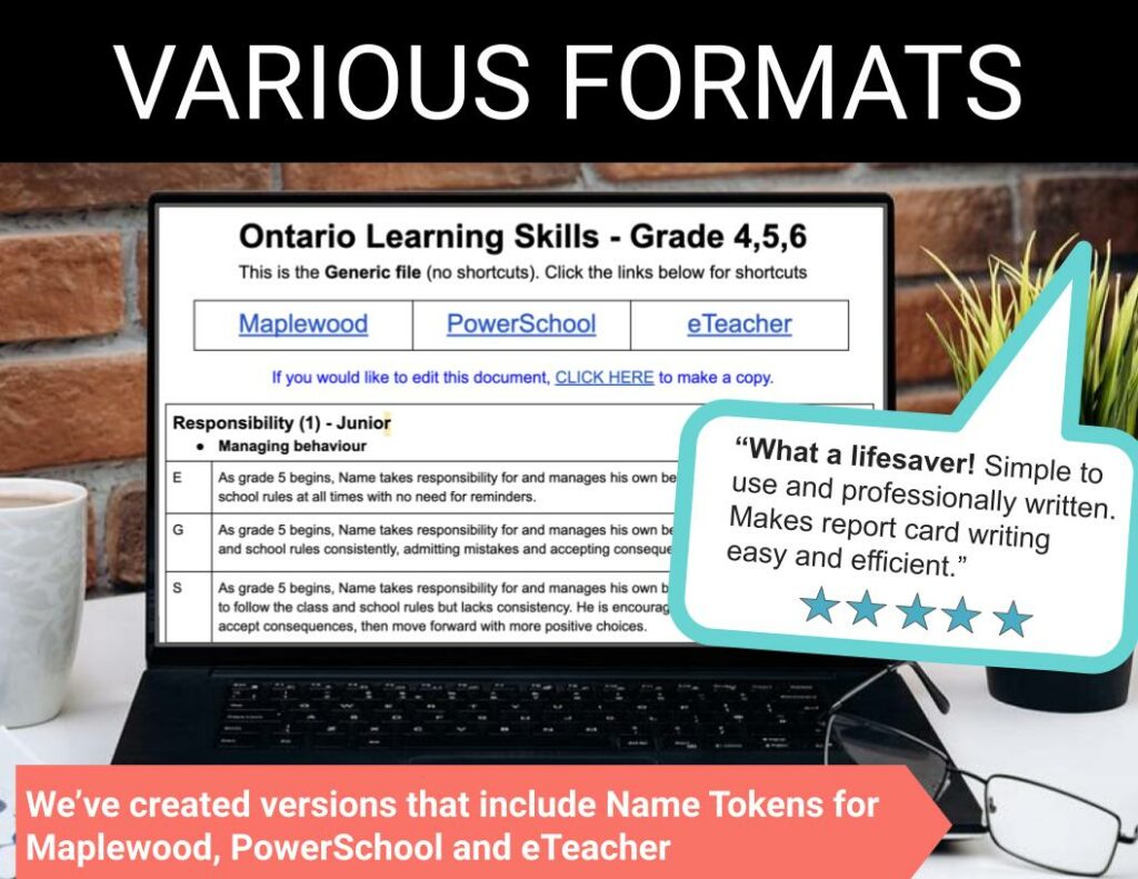 Ontario Learning Skills Report Card Comments - Junior Grades 4 5 6 ...