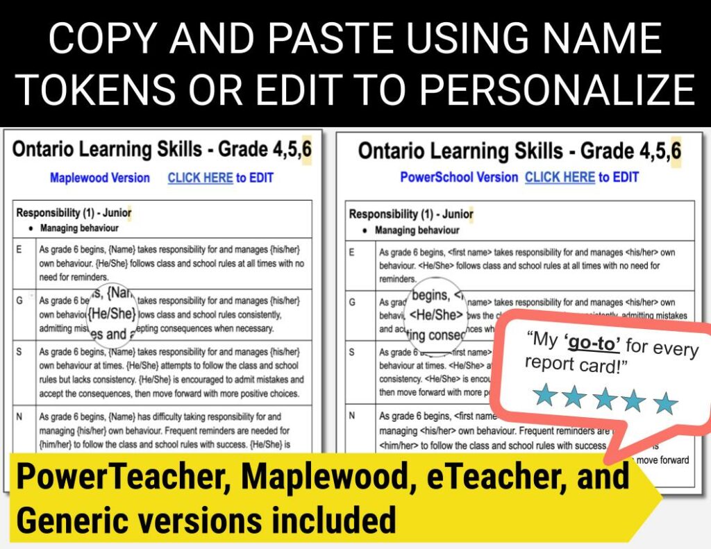 Ontario Learning Skills Report Card Comments - Junior Grades 4 5 6 ...