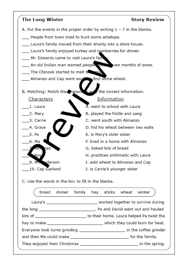 Laura Ingalls Wilder "The Long Winter" worksheets | Made By Teachers