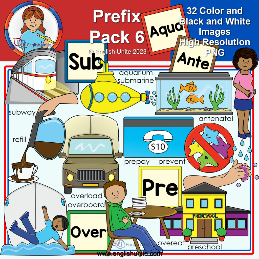 Clip Art - Prefix Pack 6 (Ante, Aqua, Over, Pre & Sub) | Made By Teachers