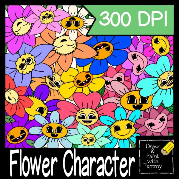 Flower character clip arts for spring with printable pdf for coloring ...