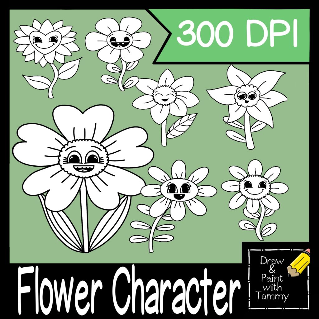 Flower character clip arts for spring with printable pdf for coloring ...