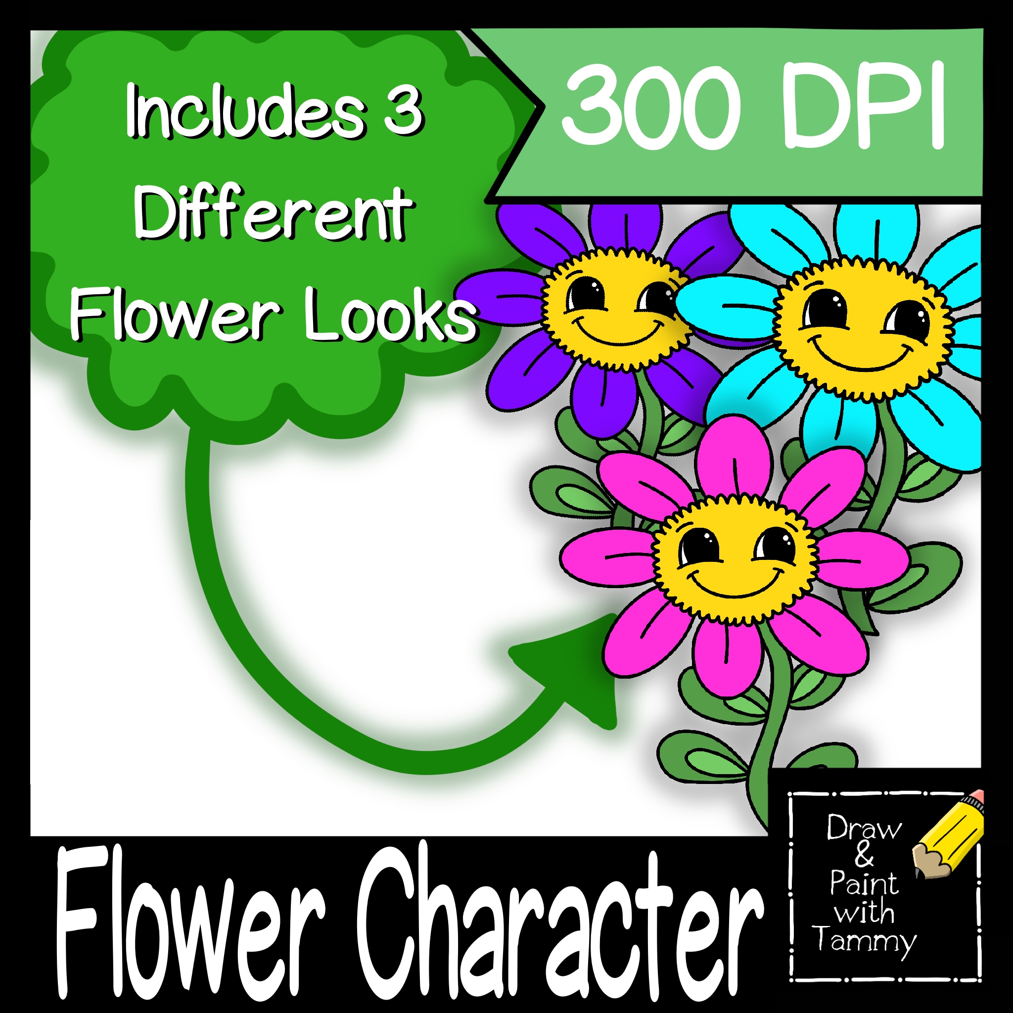 Flower character clip arts for spring with printable pdf for coloring ...
