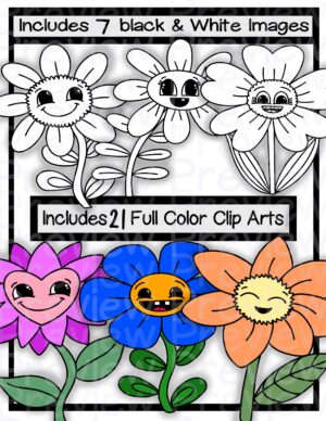 Flower character clip arts for spring with printable pdf for coloring ...