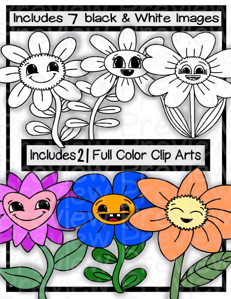 Flower character clip arts for spring with printable pdf for coloring ...