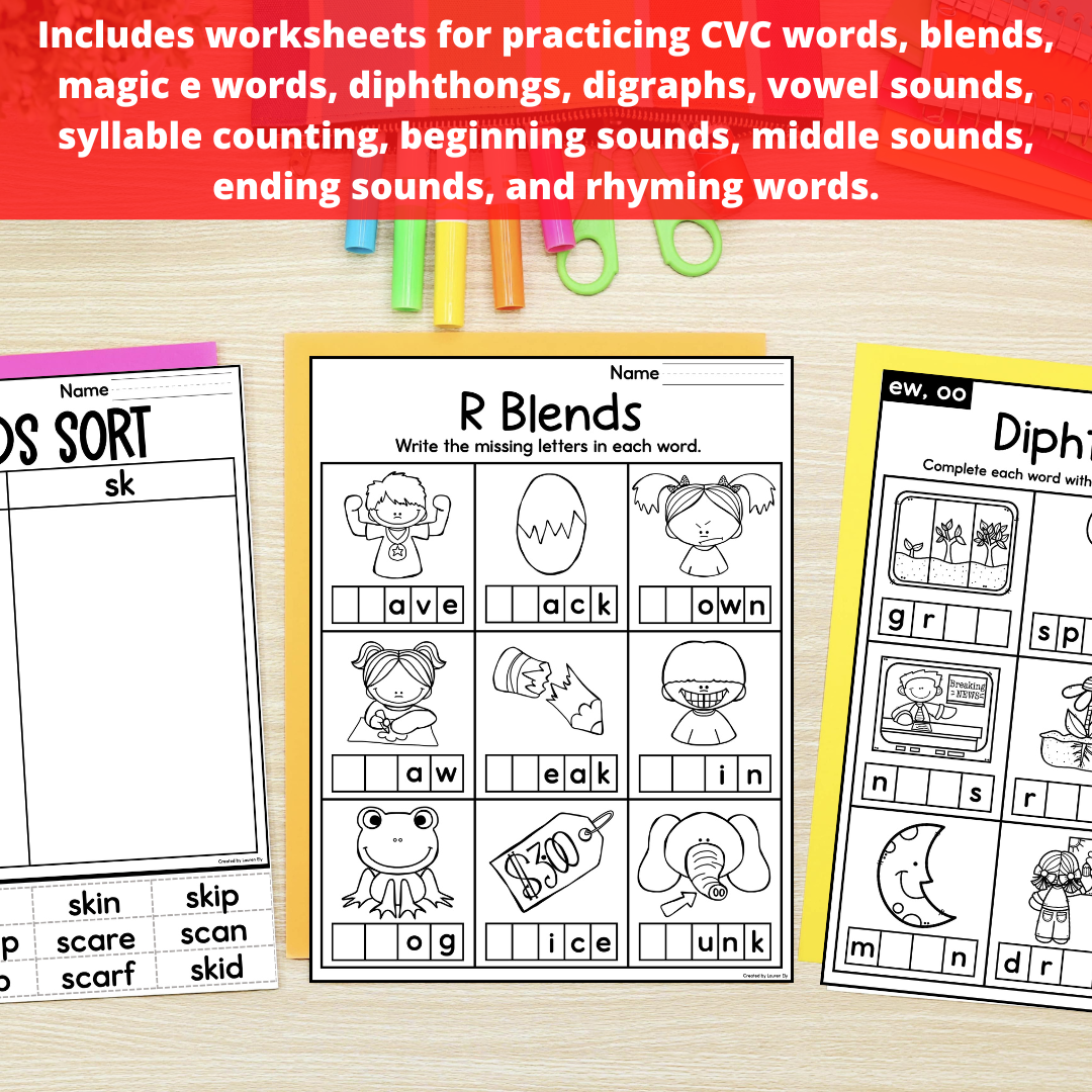 Phonics Worksheets for Kindergarten - Independent Activities Literacy ...