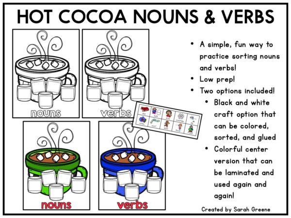 Hot Cocoa Nouns & Verbs Sort (craft and center options) | Made By Teachers