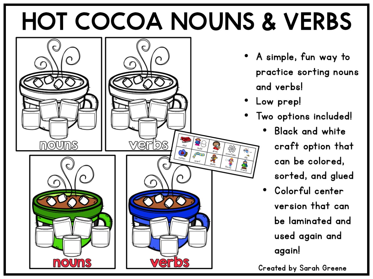 Hot Cocoa Nouns & Verbs Sort (craft and center options) | Made By Teachers