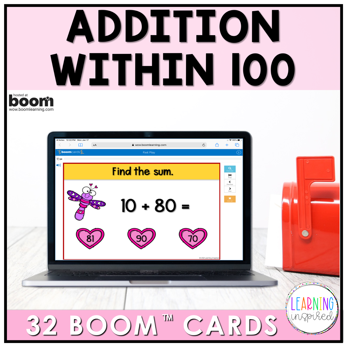 Addition Within 100 Valentine's Themed Boom™ Cards | Made By Teachers