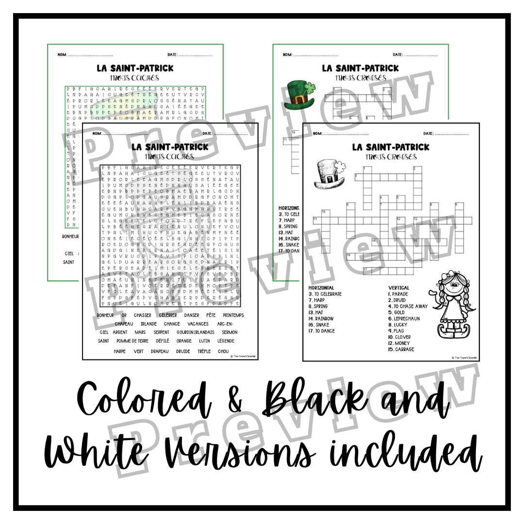 FRENCH St Patrick's Day / La Saint-Patrick Word Search & Crossword ...