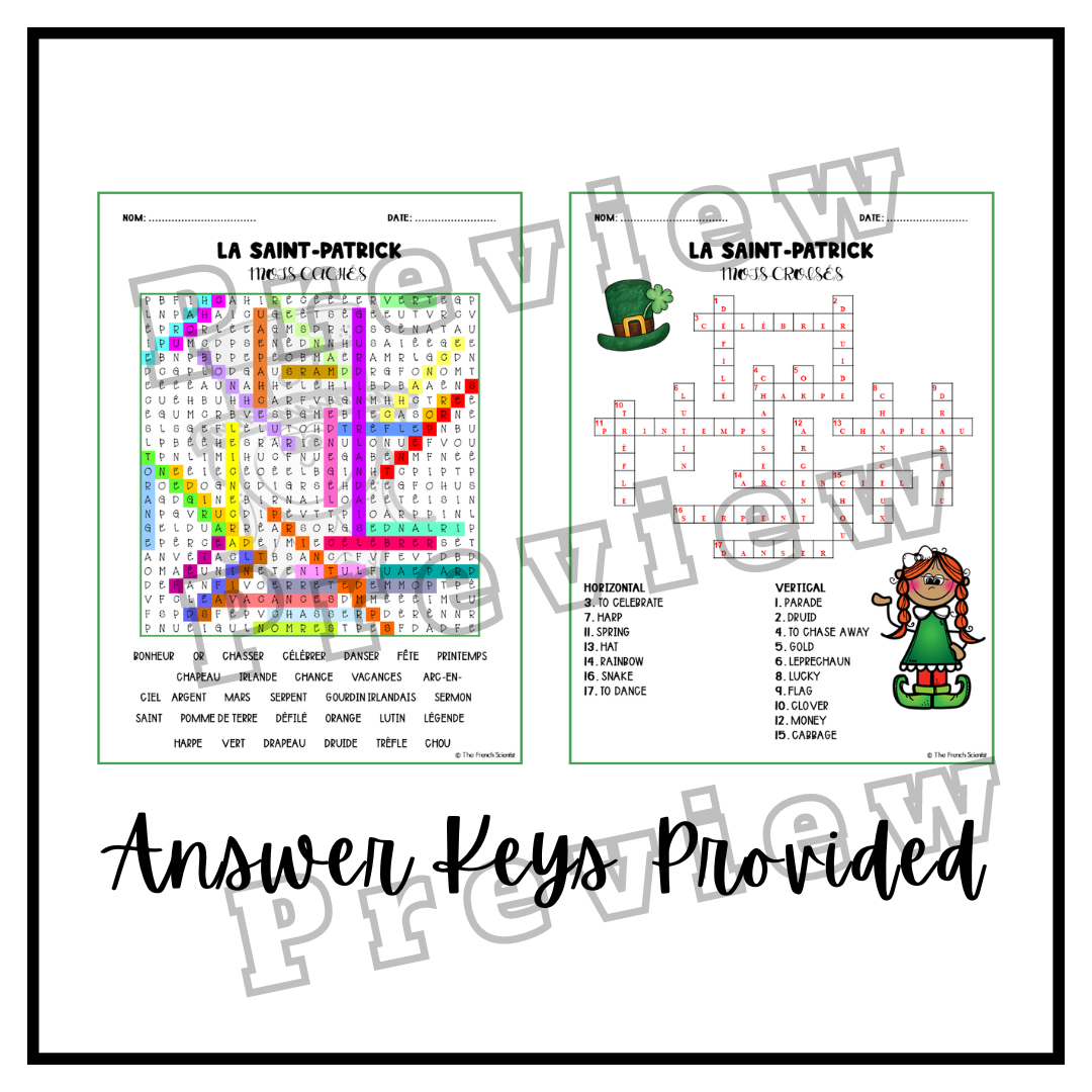 FRENCH St Patrick's Day / La Saint-Patrick Word Search & Crossword ...