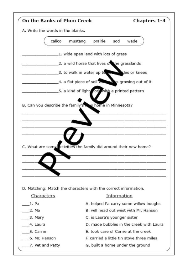 Laura Ingalls Wilder "On the Banks of Plum Creek" worksheets | Made By ...