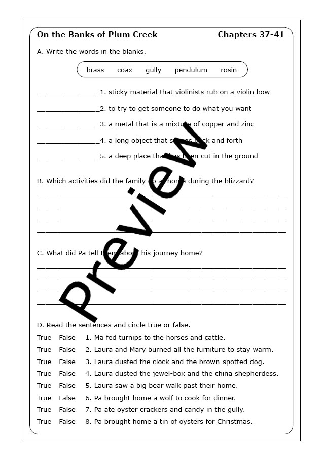 Laura Ingalls Wilder "On the Banks of Plum Creek" worksheets | Made By ...