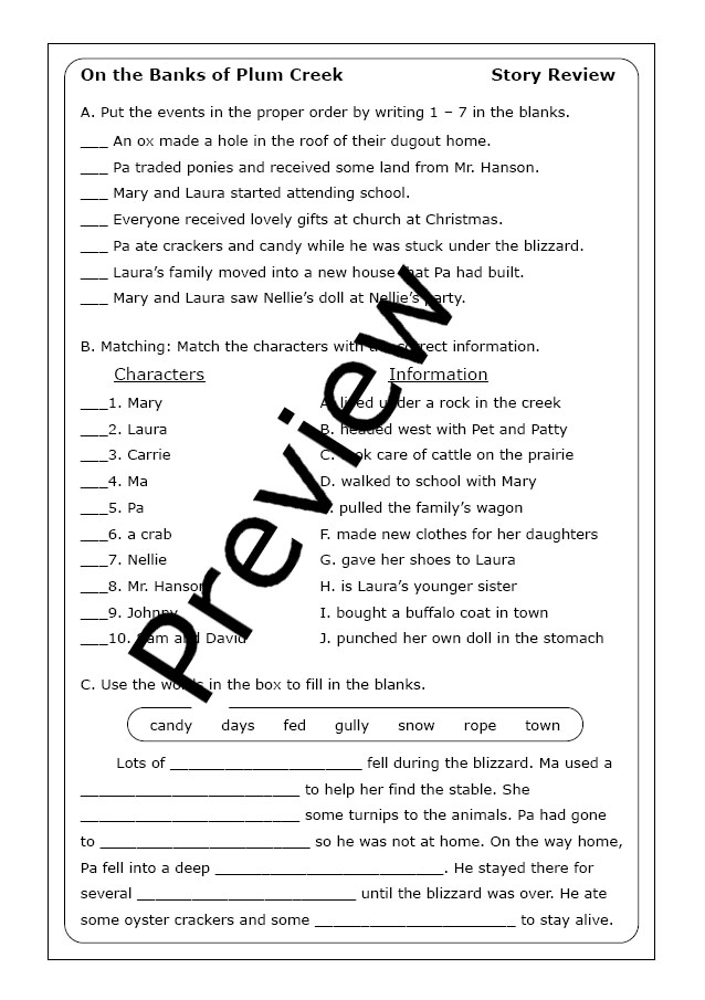 Laura Ingalls Wilder "On the Banks of Plum Creek" worksheets | Made By ...