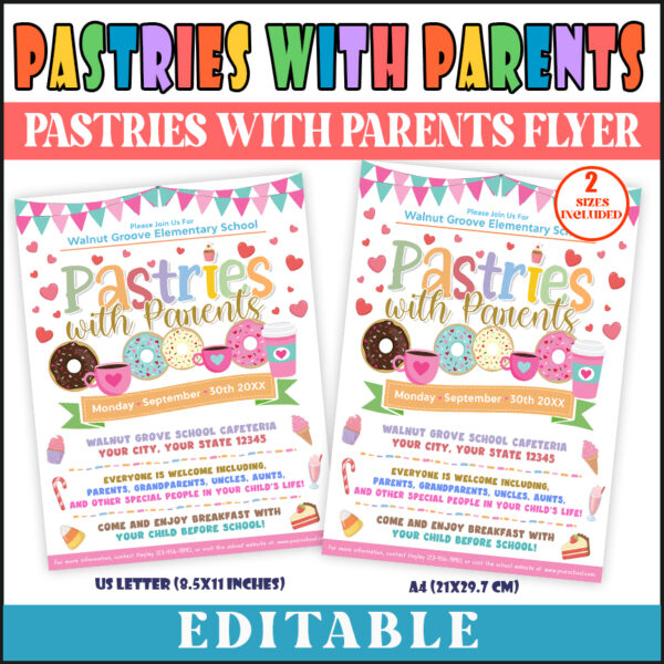Editable Pastries with Parents Flyer, PTA PTO School Church Fundraiser ...