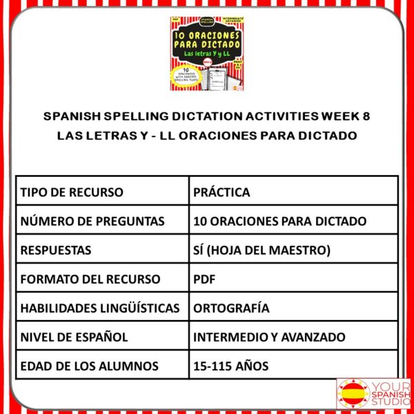 Spanish spelling dictation Week 8 No prep Oraciones con palabras con Y ...