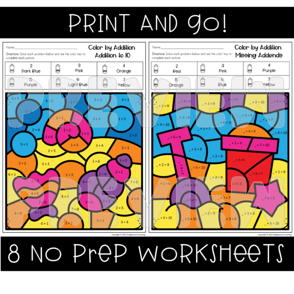 Summer Addition to 10 Color by Code Number NO PREP Coloring Worksheets ...