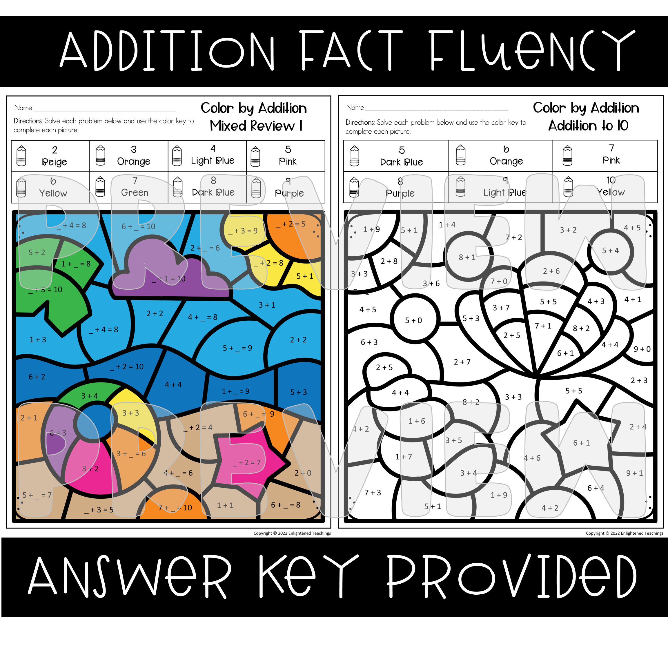 Summer Addition to 10 Color by Code Number NO PREP Coloring Worksheets ...