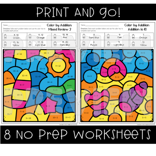 Summer Addition to 20 Color by Code Number NO PREP Coloring Worksheets ...