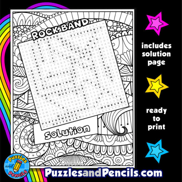Rock Band Word Search Puzzle Activity Page with Coloring | Music ...