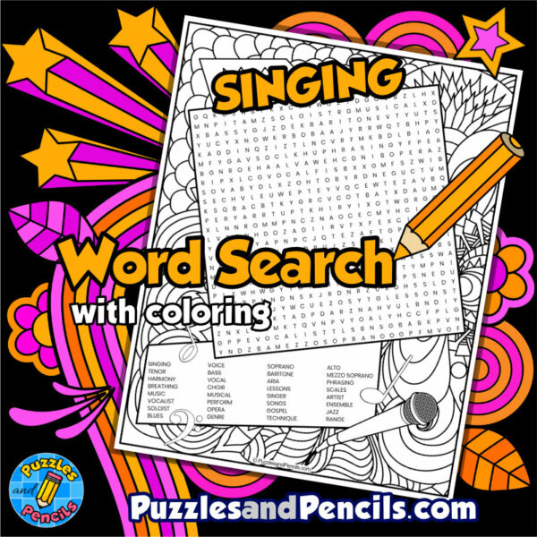 Singing Word Search Puzzle Activity Page with Coloring | Music ...