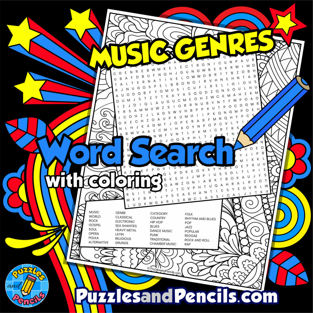 Music Genres Word Search Puzzle Activity Page with Coloring | Music ...