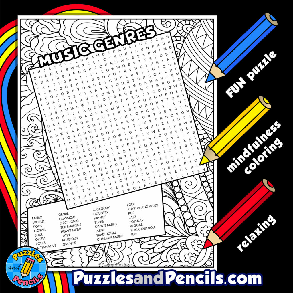 Music Genres Word Search Puzzle Activity Page with Coloring | Music ...