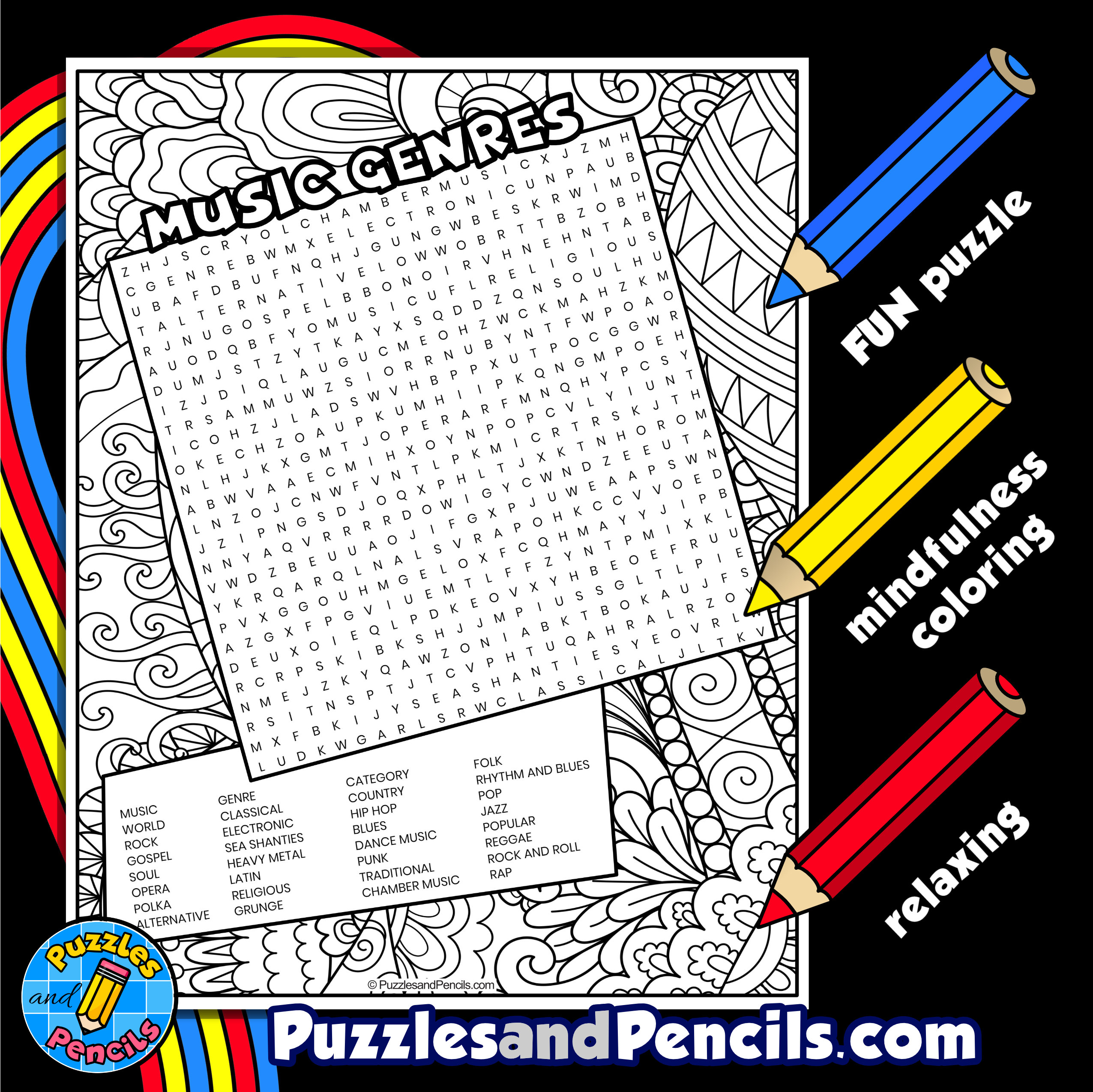Music Genres Word Search Puzzle Activity Page with Coloring | Music ...