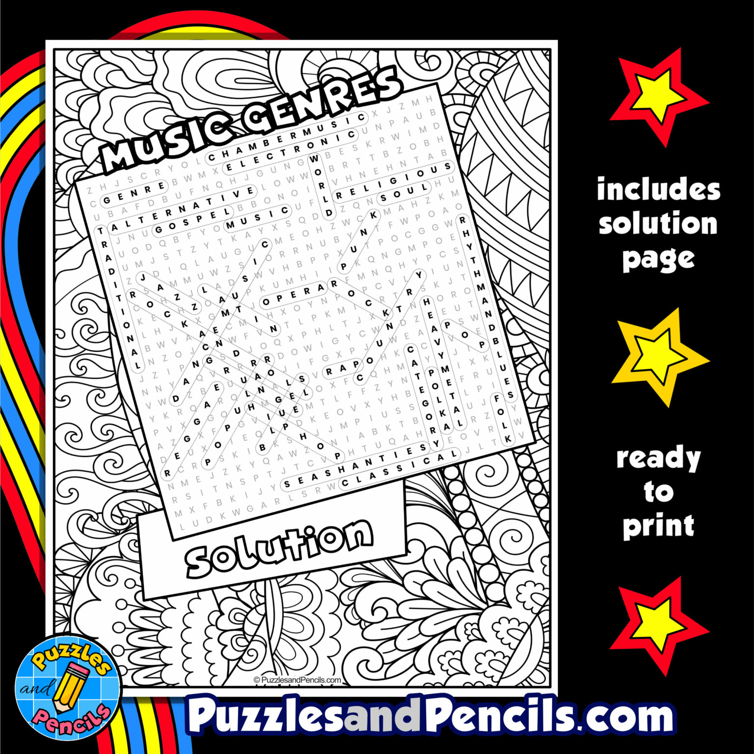 Music Genres Word Search Puzzle Activity Page with Coloring | Music ...