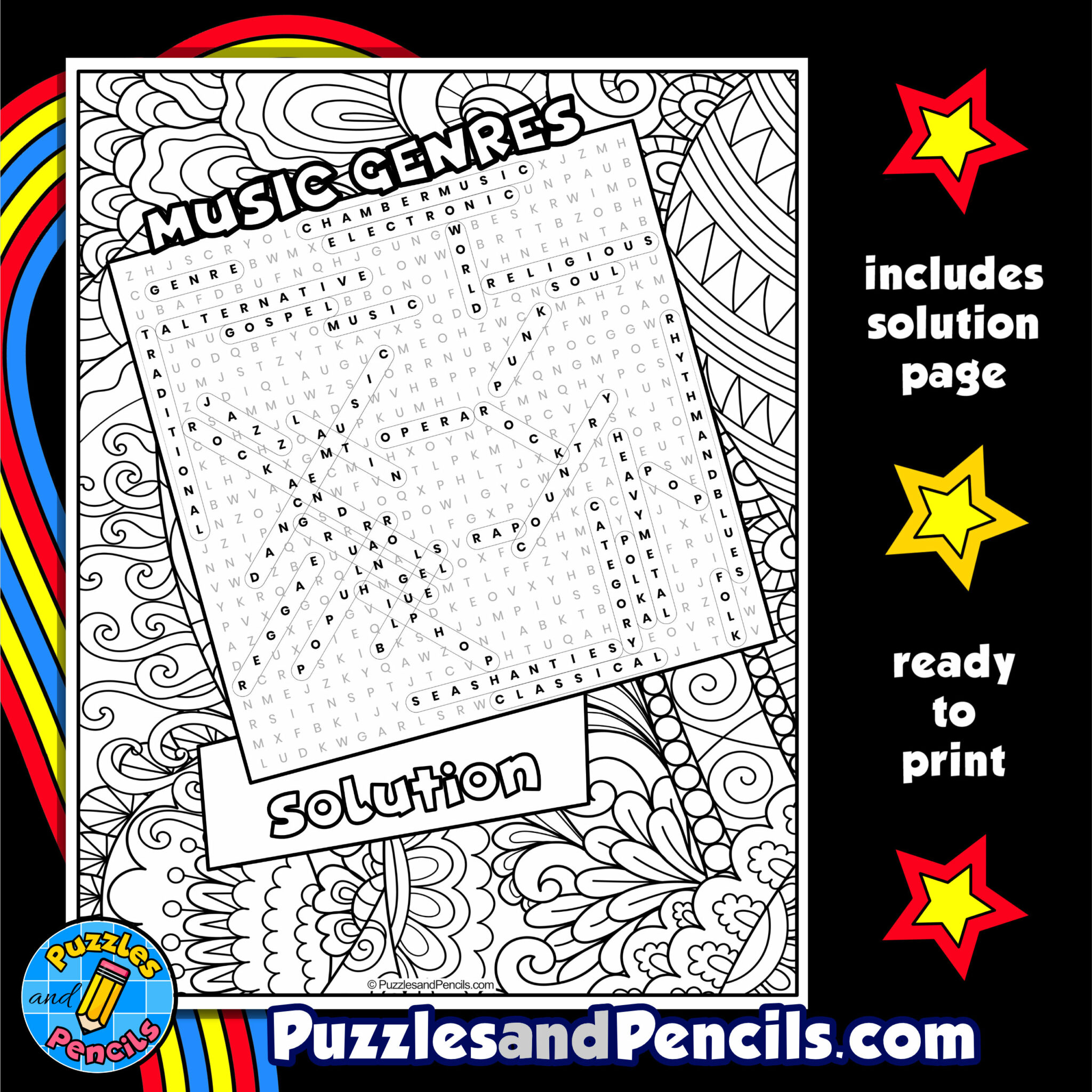 Music Genres Word Search Puzzle Activity Page with Coloring | Music ...