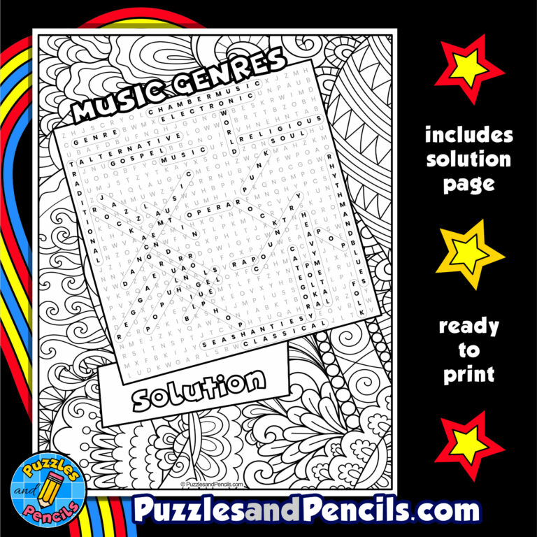 Music Genres Word Search Puzzle Activity Page with Coloring | Music ...