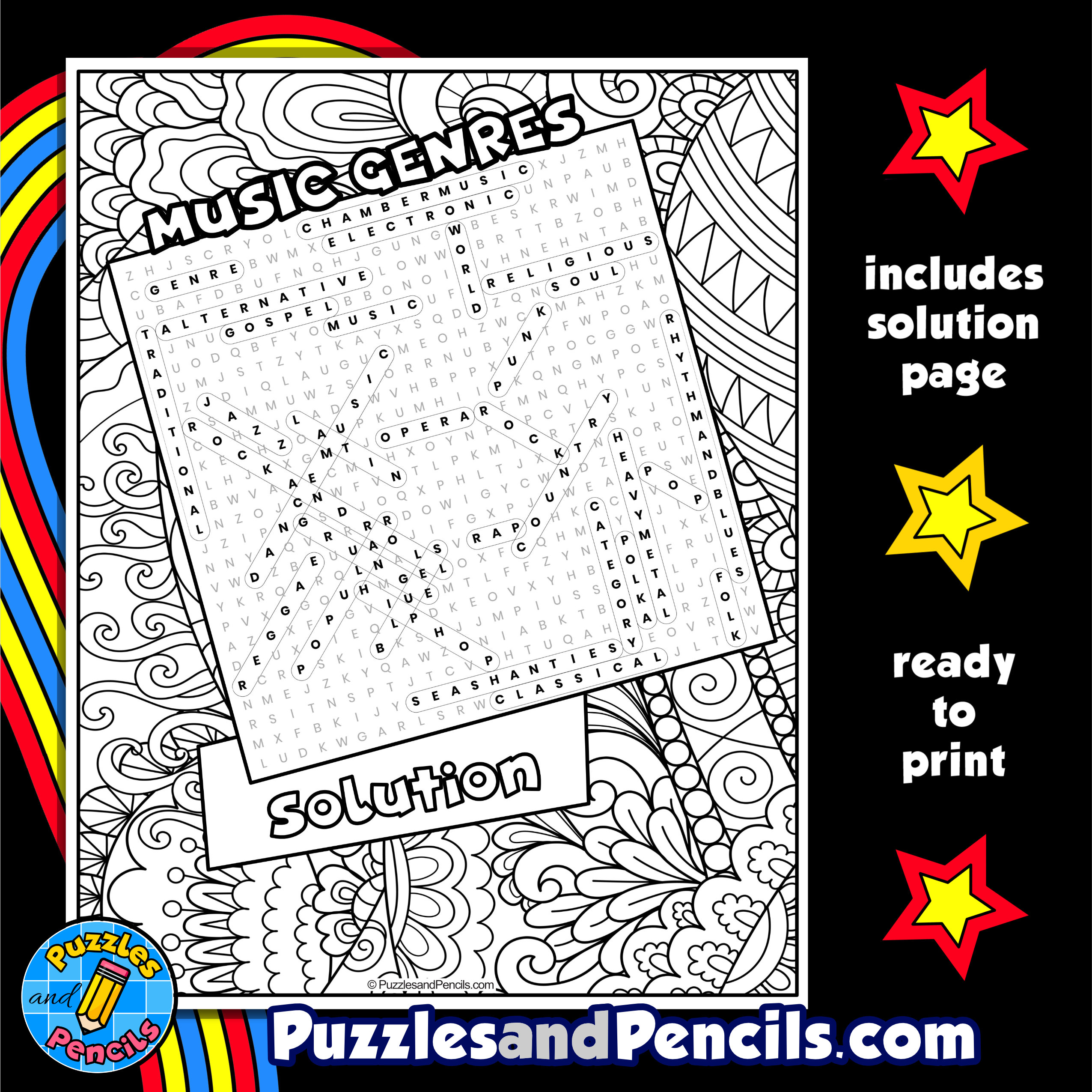 Music Genres Word Search Puzzle Activity Page with Coloring | Music ...