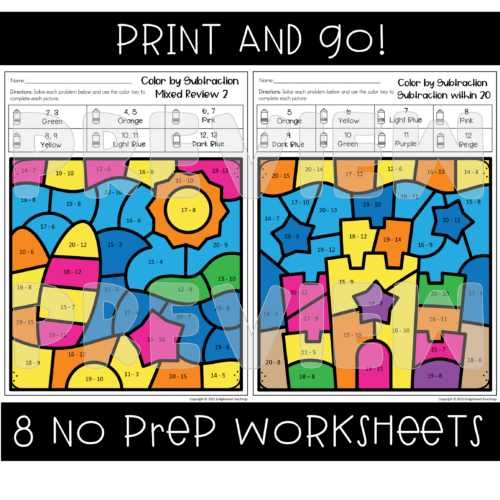 Summer Subtraction to 20 Color by Code Number NO PREP Coloring ...