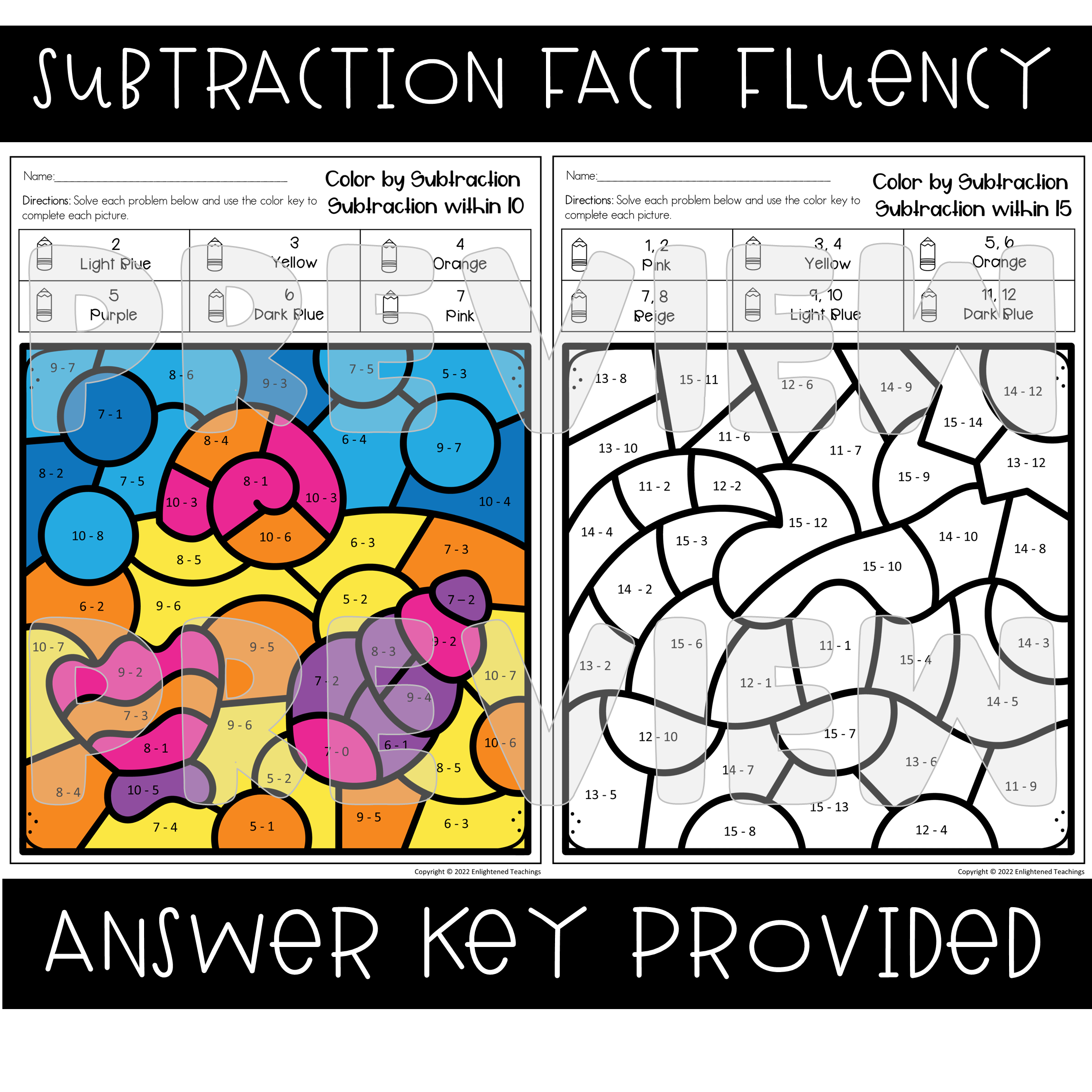 Summer Subtraction to 20 Color by Code Number NO PREP Coloring ...
