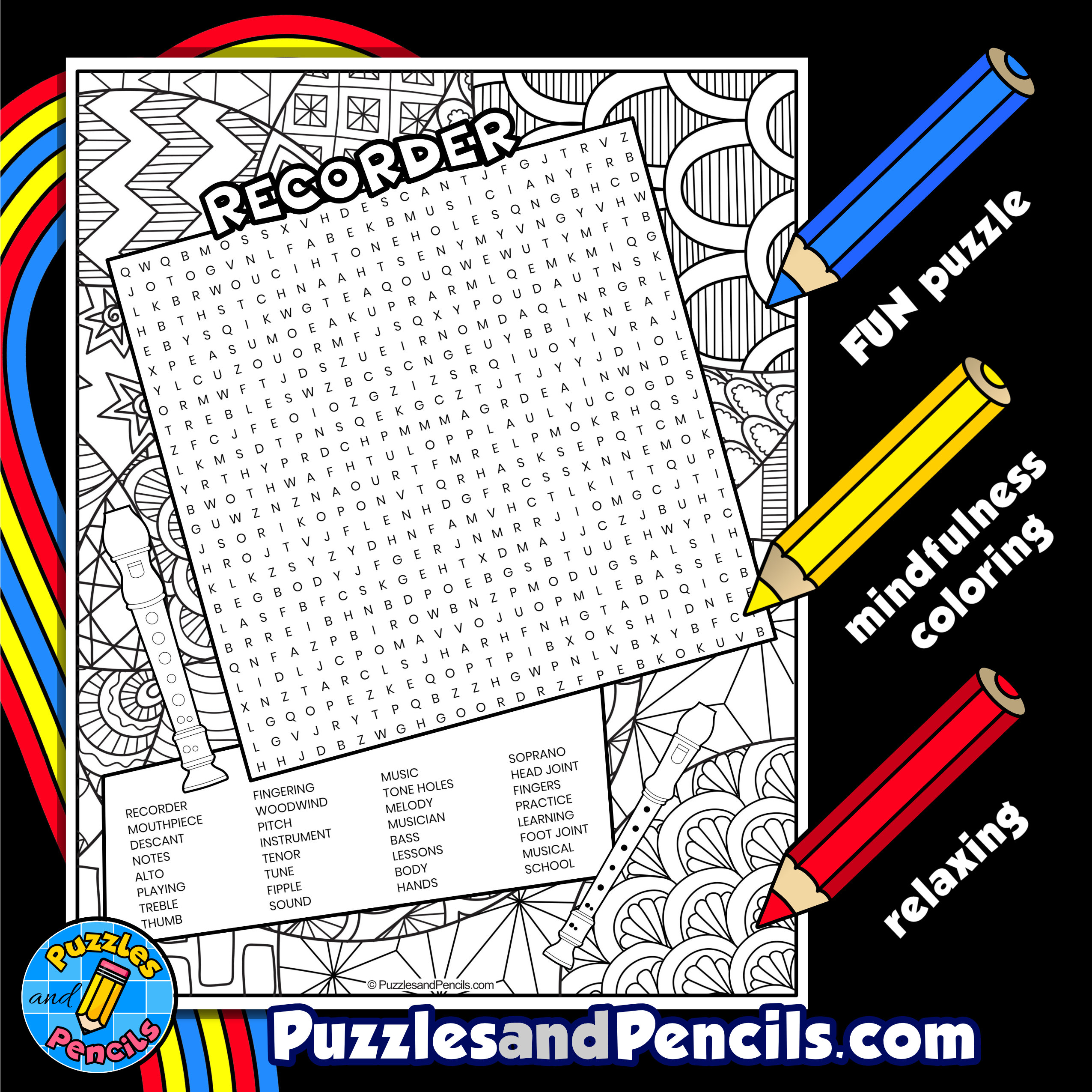 Recorder Word Search Puzzle Activity Page with Coloring | Music ...