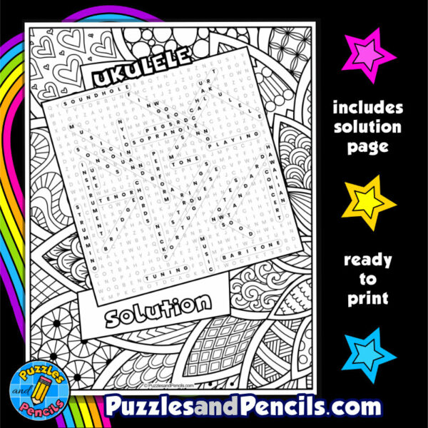 Ukulele Word Search Puzzle Activity Page with Coloring | Music ...