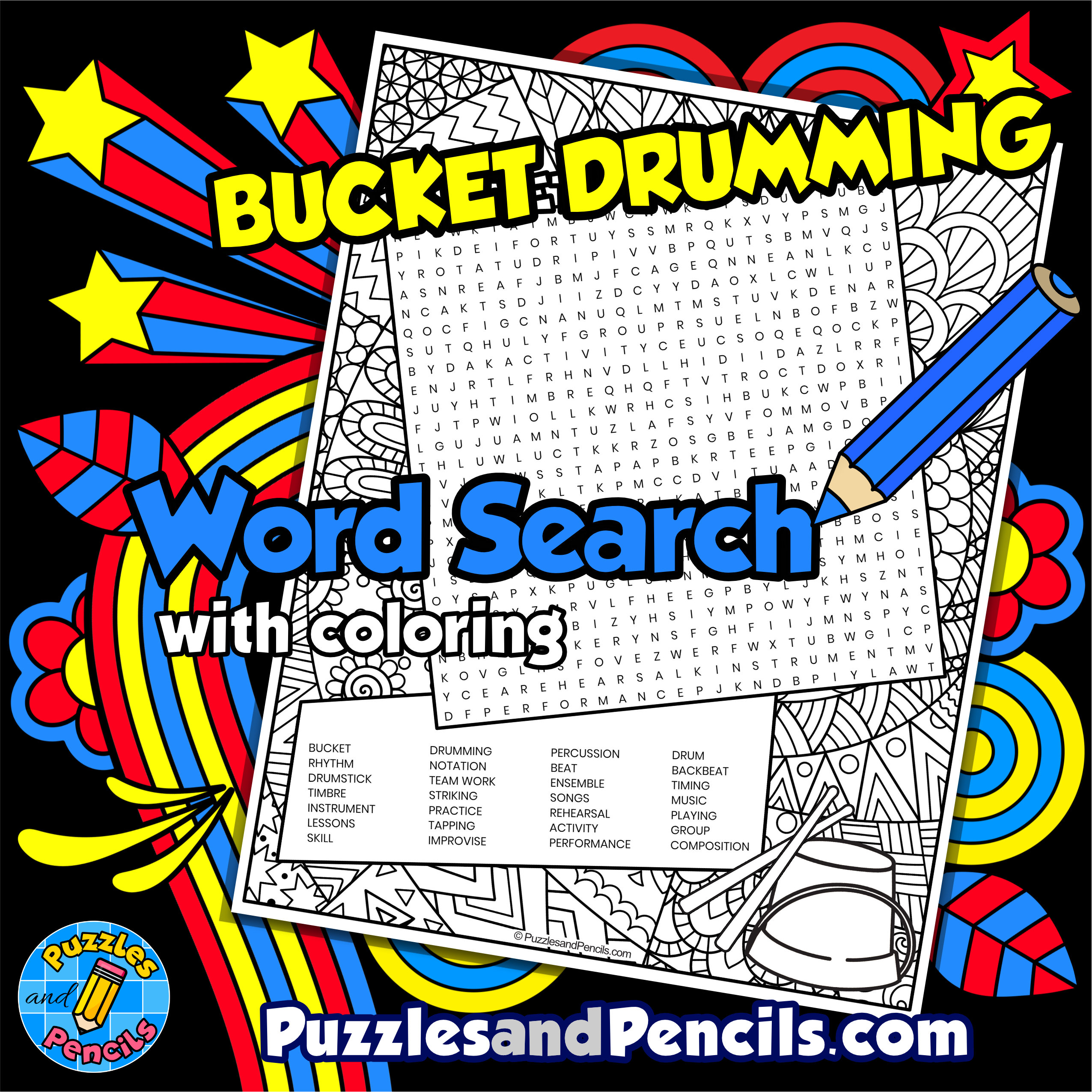 Bucket Drumming Word Search Puzzle Activity Page with Coloring | Music ...